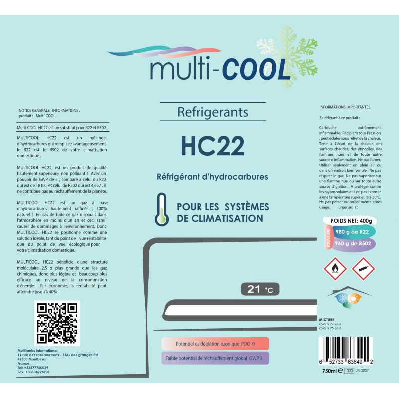 350gr Multicool-R22 Refrigerant Can replaces R22, R502 and R404a
